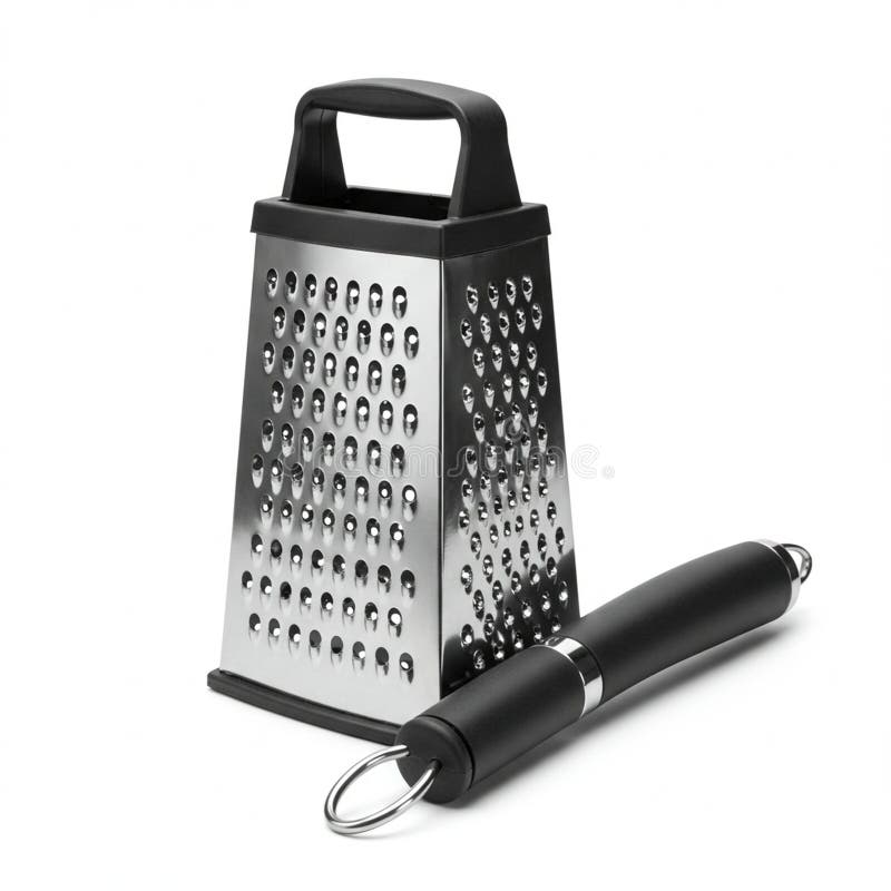 A Metallic Box Grater with a Sturdy Black Handle, Featuring Multiple ...