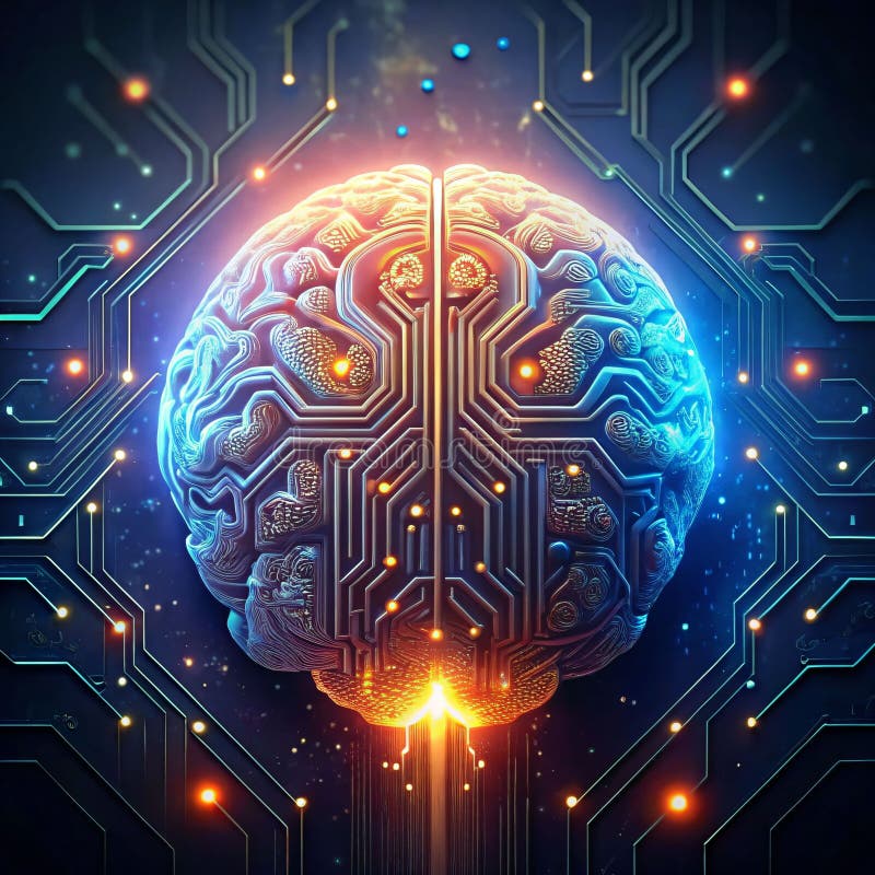 Metallic Brain with Glowing Circuits Stock Illustration - Illustration ...