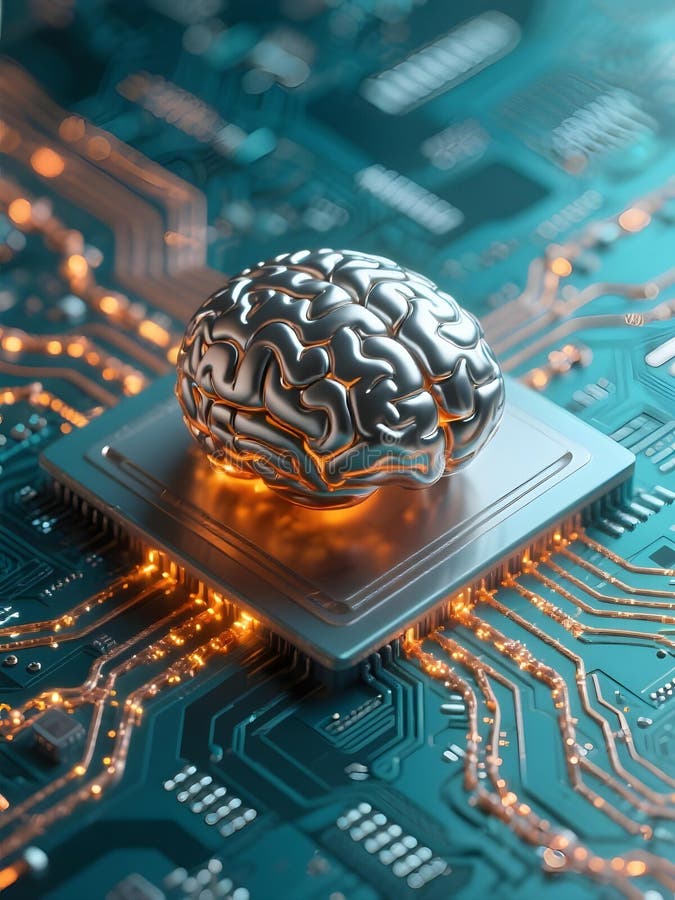 Metallic Brain with Glowing Circuits on Processor Chip, Conceptual AI Brain Computer Interface ...