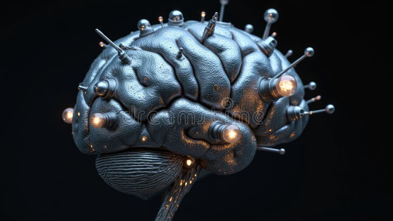 Metallic Brain with Light Bulbs is Illuminating in the Dark Stock Image ...
