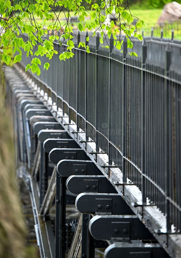 Metallic Bridge Railing Extending Across a River Surrounded by Lush ...