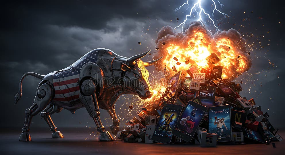 Metallic Bull Destroys Tech Pile Stock Illustration - Illustration of ...