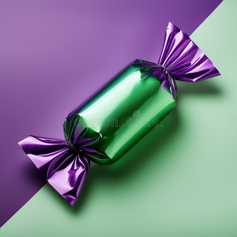 A Metallic Candy Wrapper in Vivid Purple and Green Tones, with a Shiny Appearance Stock ...