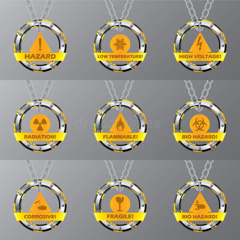 Metallic Caution Signs Hanging on Chains Stock Vector - Illustration of ...