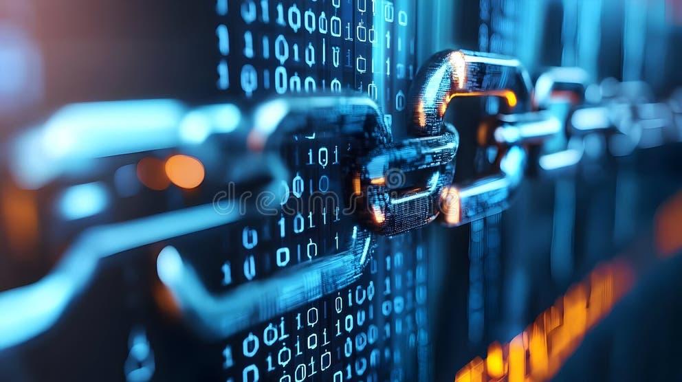 Metallic Chain with Digital Binary Code Background Representing Blockchain Technology Security ...