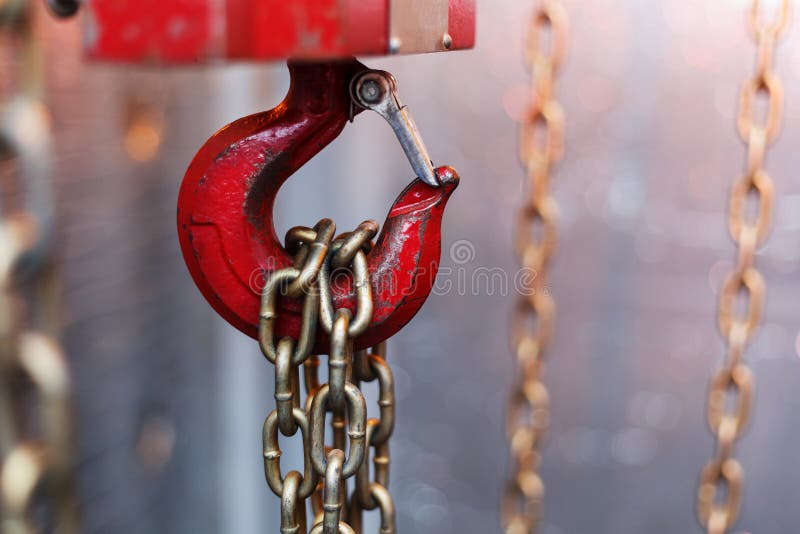 Metallic Chain Handle with Red Hook in Technical Room. Crane Cargo Hook ...