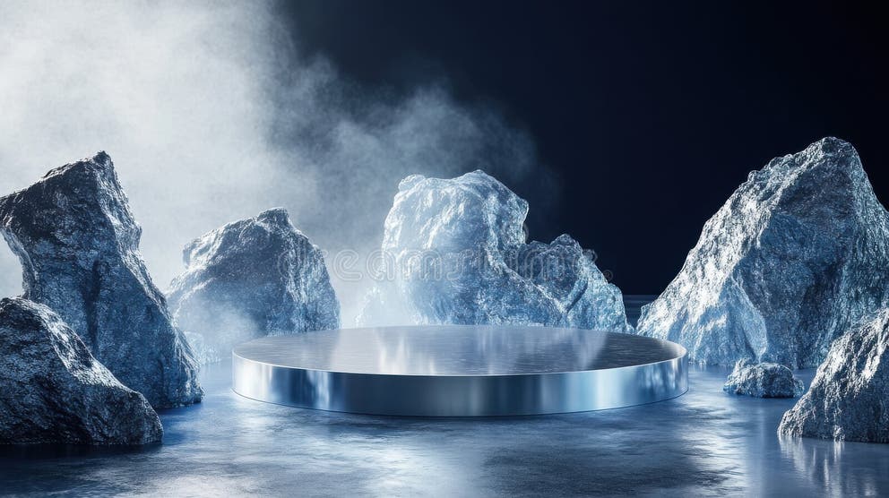 Metallic Circular Platform with Rocky Landscape and Misty Backdrop in ...