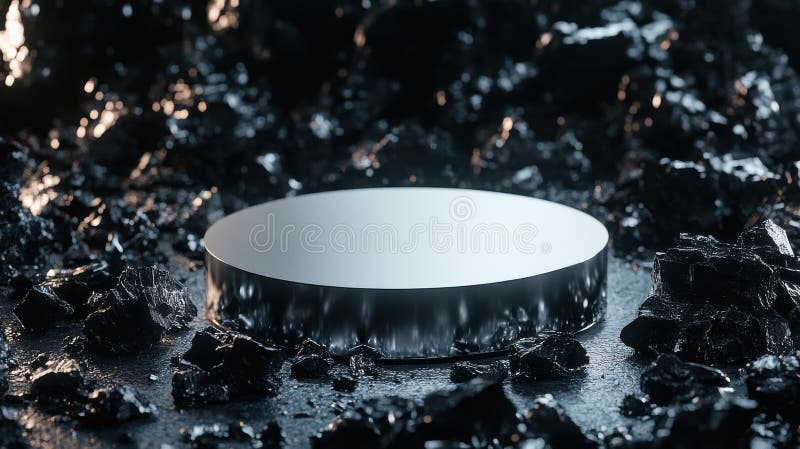 Metallic Circular Platform Surrounded by Shiny Black Coal Rocks Stock ...