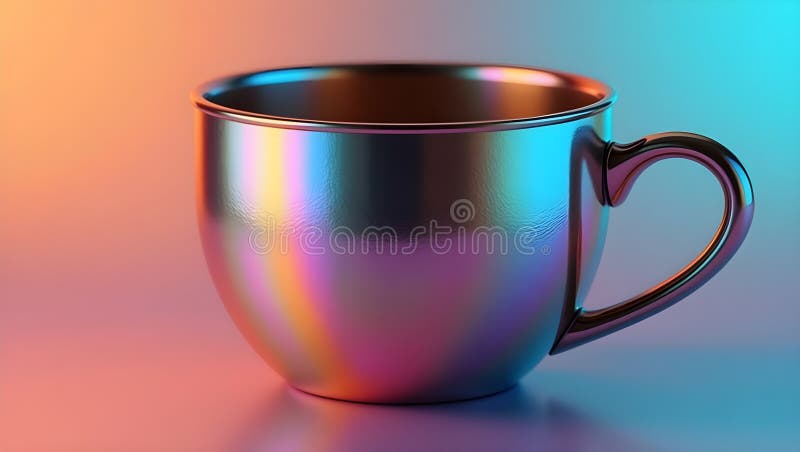 Metallic Coffee Cup with Rainbow Reflections on a Bold Surface Stock ...