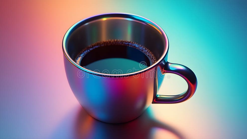 Metallic Coffee Cup with Rainbow Reflections on a Bold Surface Stock ...