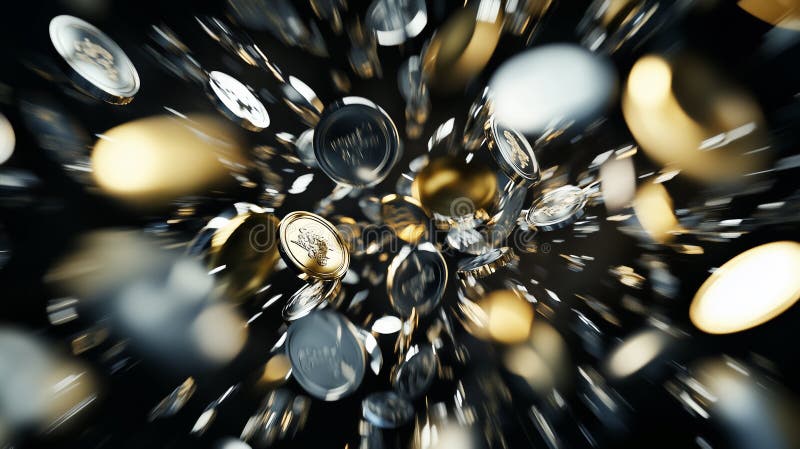 Metallic Coins Spinning and Falling with a Blurred Background ...