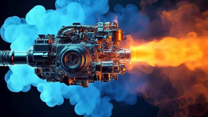 Powerful Combustion Engine Igniting with Orange Flames and Smoke Stock ...