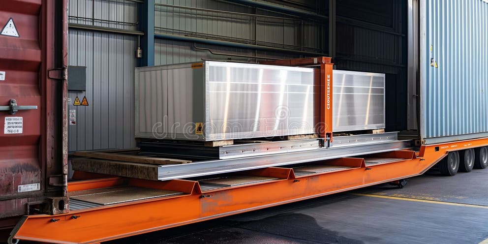 Metallic Container are Secured on an Orange Flatbed Truck at a Loading ...