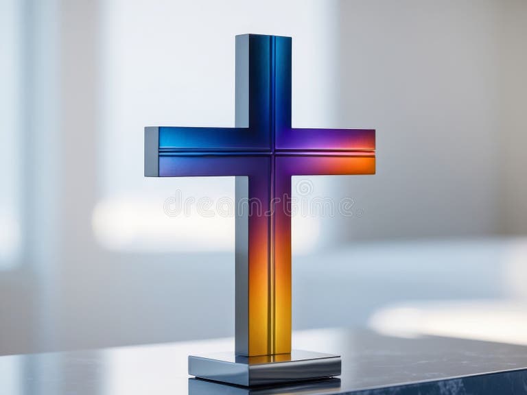 Metallic Cross with Colorful Gradient on a Reflective Surface Stock ...