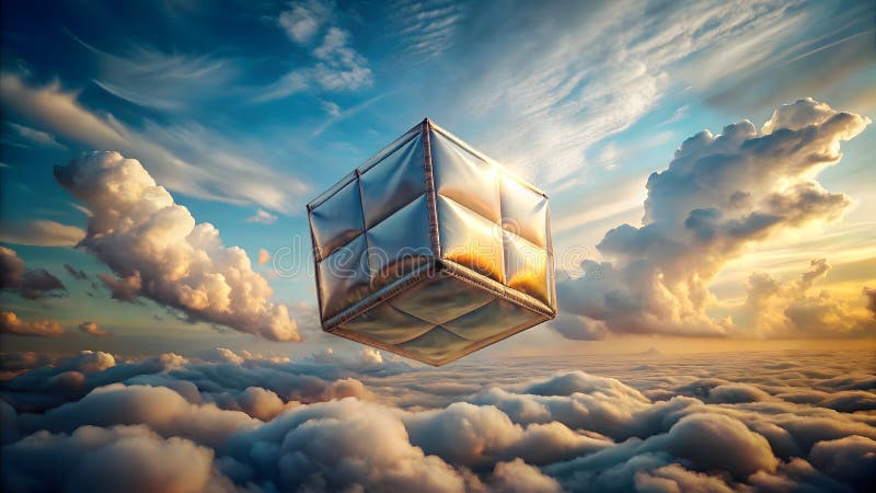 Metallic Cube Above Clouds stock illustration. Illustration of ...