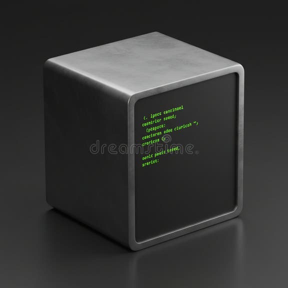 A Metallic Cube with a Dark Front-facing Screen Displays Green Text ...