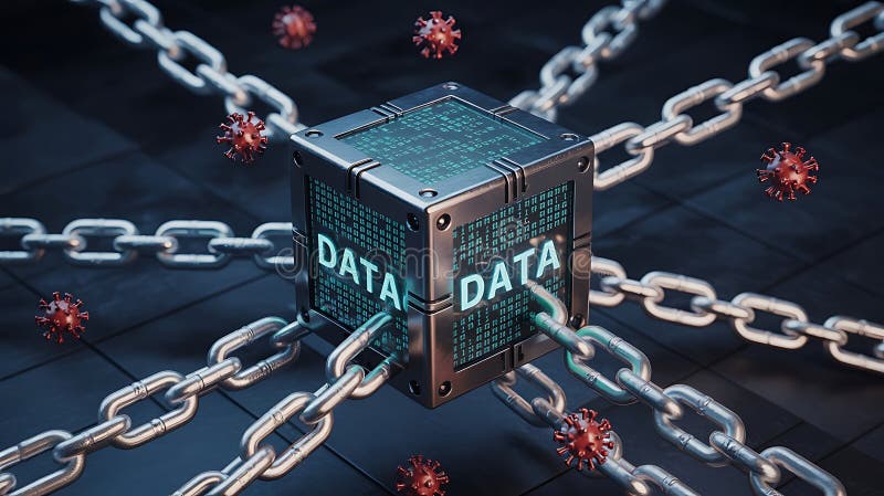 Metallic Cube Data Secured by Heavy Chains Surrounded by Red Viruses ...