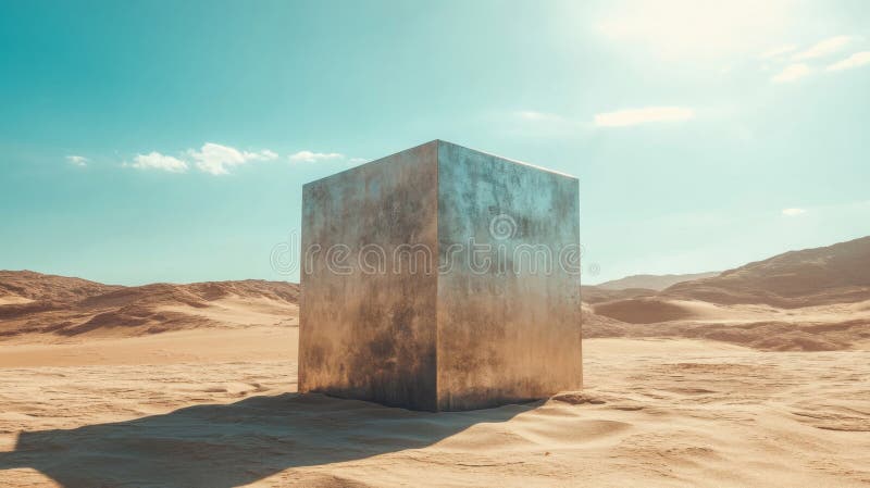 Metallic Cube in Desert Landscape Under Bright Sun Stock Illustration ...