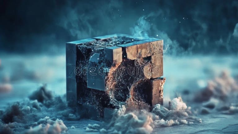 Metallic Cube Disintegrating in Smoke and Ice Stock Illustration ...