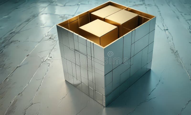Metallic Cube with Golden Interior Sits on Marble Floor, Casting Shadow ...