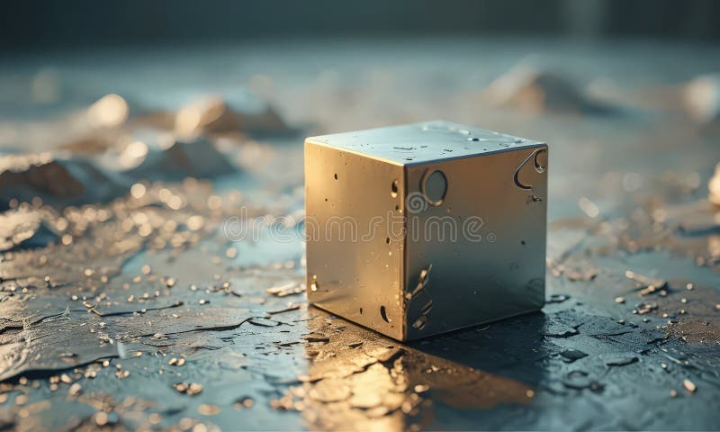 Metallic Cube with Hole Sits on Wet, Reflective Surface, Surrounded by ...