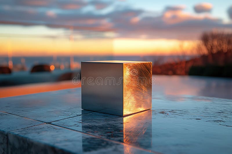 Metallic Cube Reflecting Golden Sunset Light on Marble Surface Stock ...