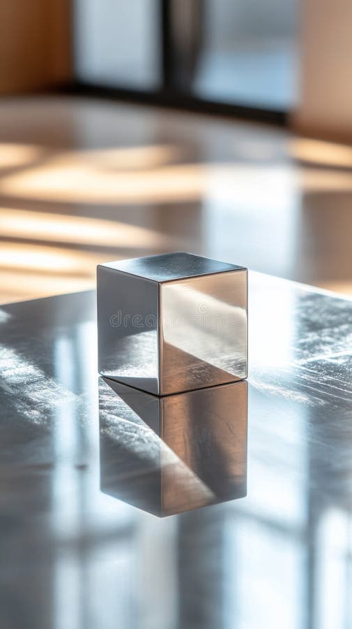 Metallic Cube on Reflective Surface in Sunlight, Abstract Design ...