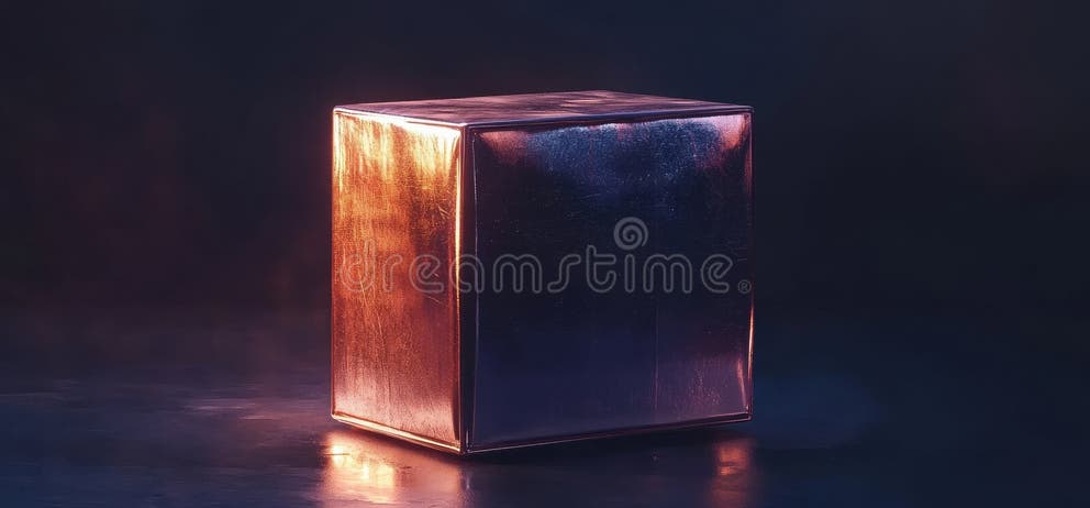 A Metallic Cube Sits on a Dark Surface, Lit Up by a Spotlight Stock ...