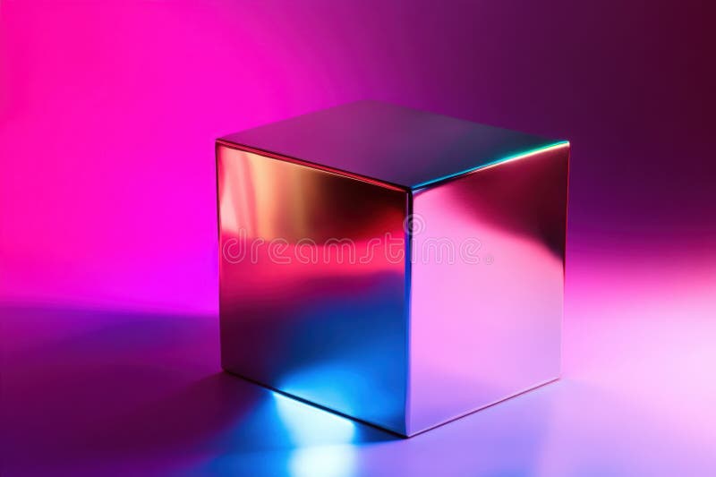 Metallic Cube with Vibrant Neon Lights and Reflective Surface Stock ...