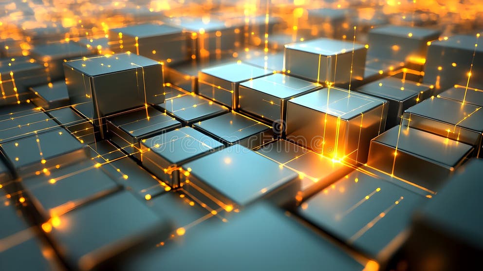 Metallic Cubes in an Abstract Geometric Grid with Glowing Orange ...
