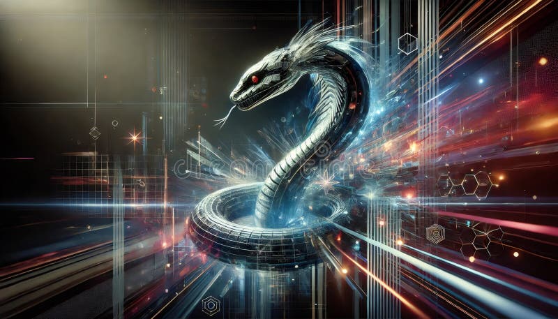 Metallic Cyberpunk Snake Emerging from Digital Vortex with Neon Lights ...