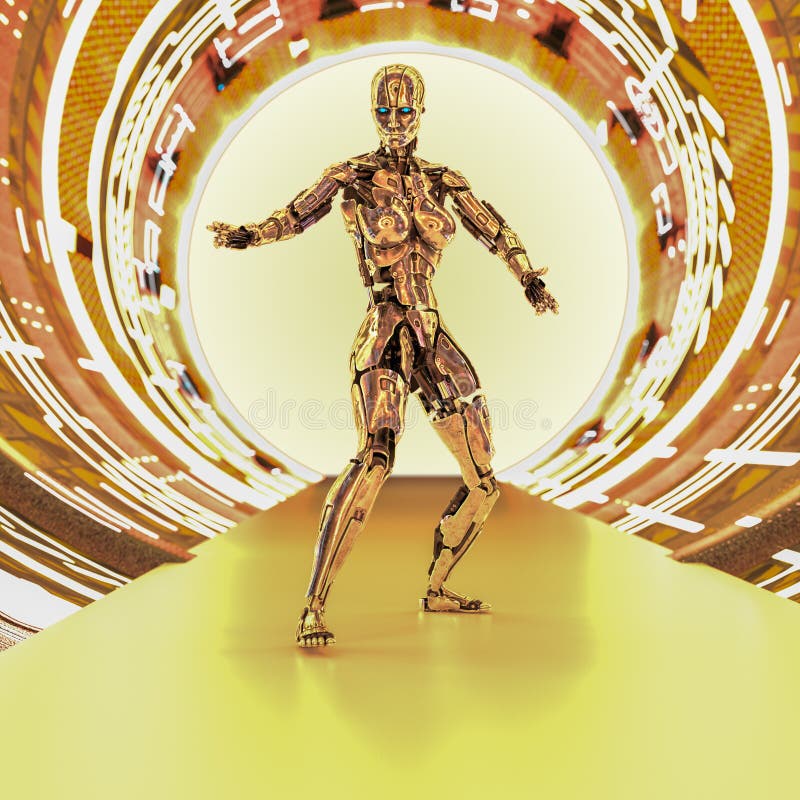 Metallic Cyborg in a Futuristic Tunnel Stock Illustration ...
