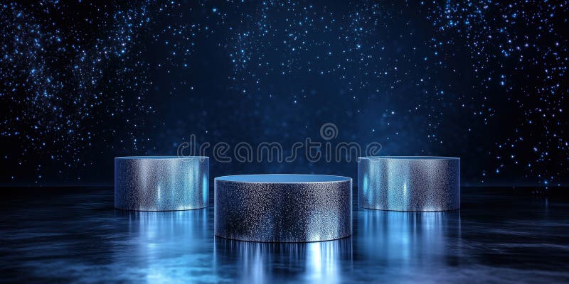 Metallic Cylinder Podiums Reflecting Falling Glitter on Dark Blue ...