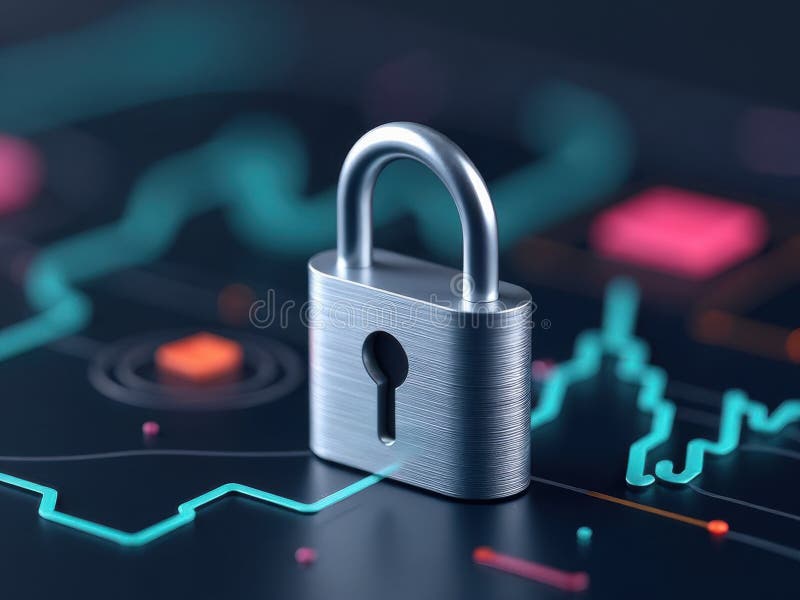 A Metallic 3D Lock Icon with Brushed Steel Texture, Angled To Show ...