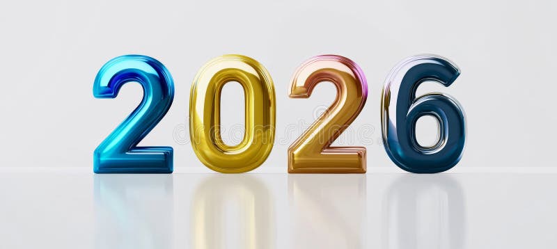 Metallic 3D Number 2026 on White Background with Reflections, Festive ...