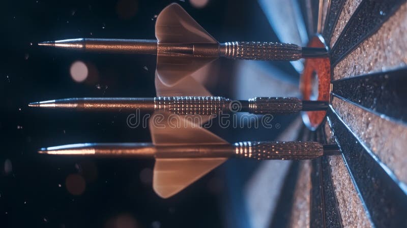 Metallic Darts Hitting the Bullseye of a Dartboard Under Dramatic ...