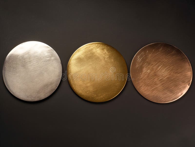 Metallic Discs in Silver, Gold, and Bronze on Dark Background Stock ...
