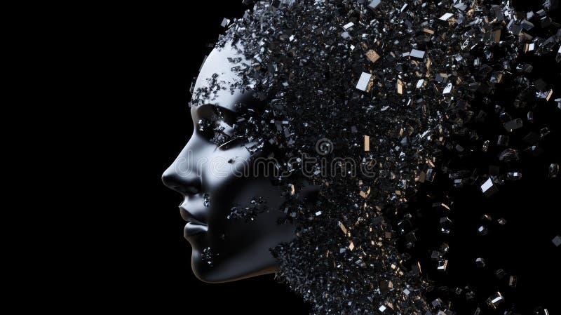 Metallic Disintegration: a 3D Render of a Crumbling Female Face Stock ...