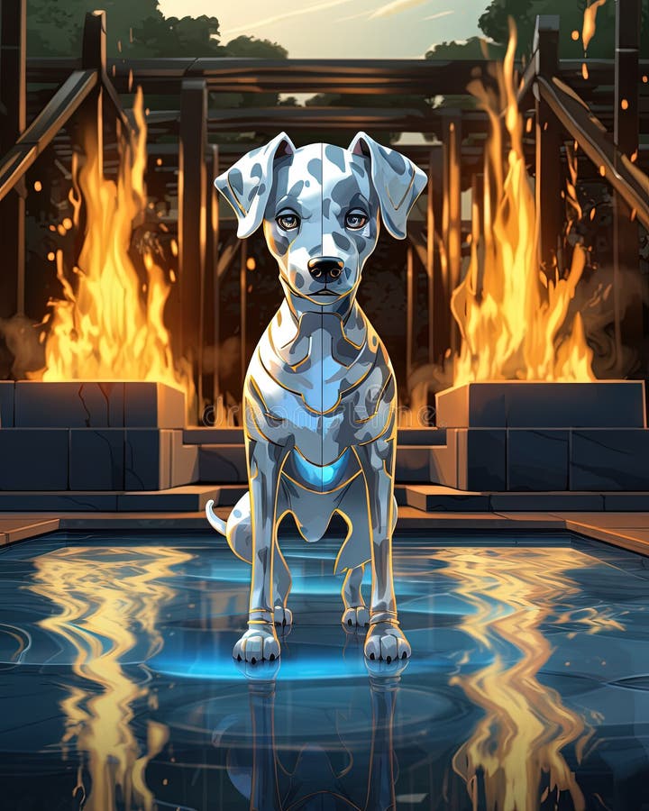 Metallic Dog Standing on Reflective Surface with Flames in Modern ...