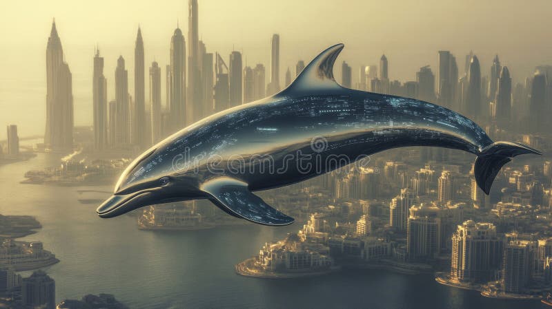 Metallic Dolphin Soaring Over City Skyline at Dawn Stock Illustration ...