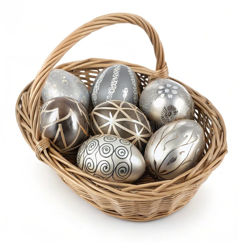 Metallic Easter Eggs with Abstract Patterns Inside a Basket Isolated on ...