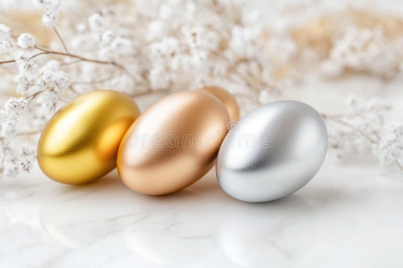 Metallic Easter Eggs in Gold, Silver, and Bronze on Marble Surface for ...