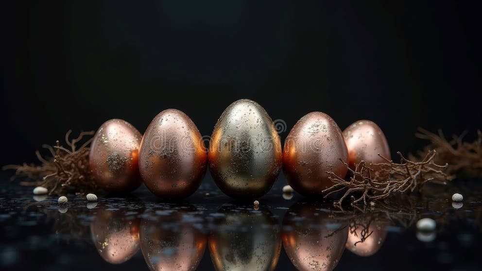 Metallic Easter Eggs in Row with Reflections on Dark Background Stock ...