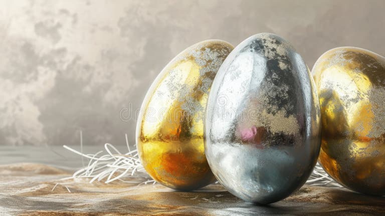 Metallic Easter Trio: Gold and Silver Eggs with Textured Surface Stock Photo - Image of shimmer ...