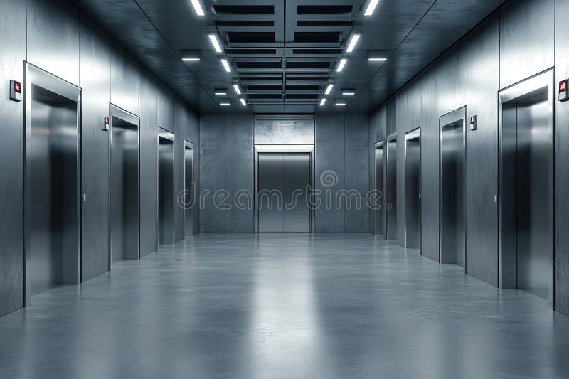 Metallic Elevator Doors in Concrete Hallway, Perspective View, Modern ...