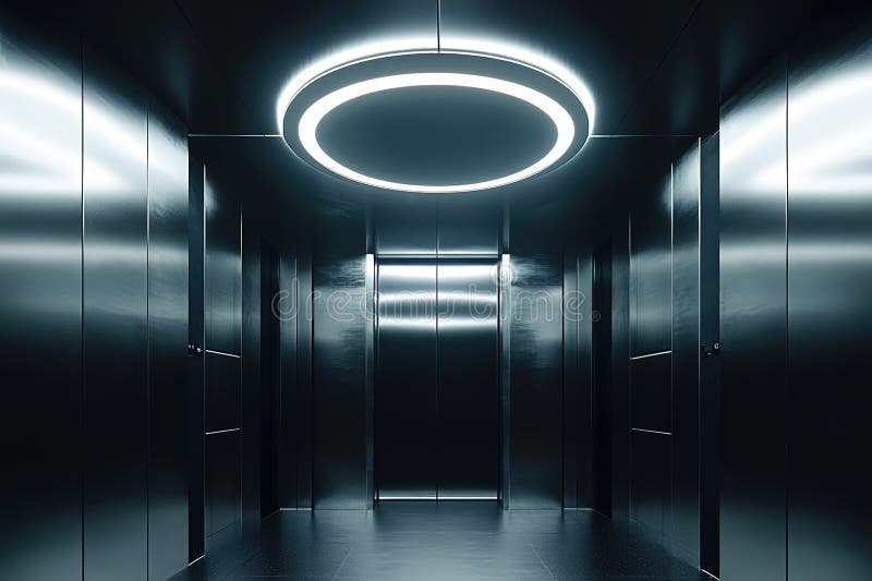 Metallic Elevator Interior with Circular Lighting and Minimalist ...