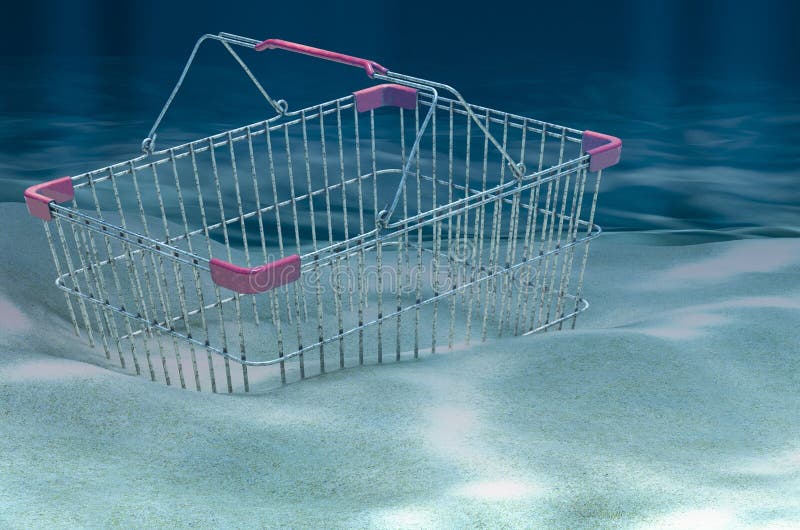 Metallic Empty Supermarket Shopping Basket on Ocean Bottom Underwater ...