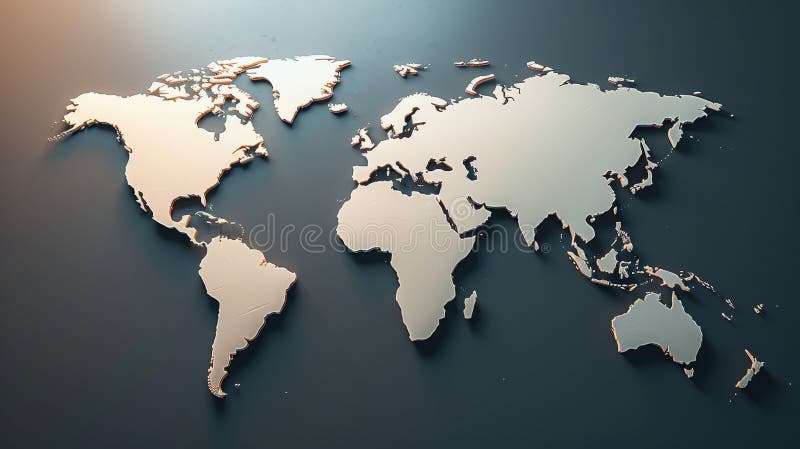 Metallic Extruded World Map Casting Shadows on Dark Background Stock ...