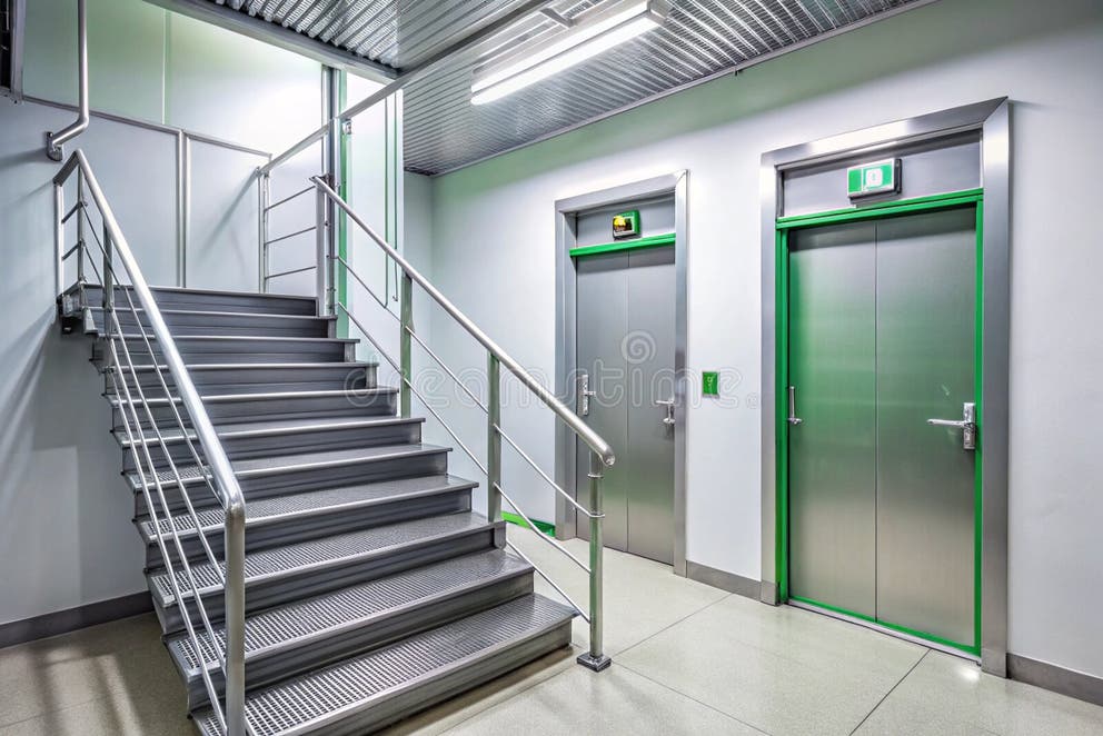 "Metallic Fire Exit Doors with Staircase and Handrails Stock ...