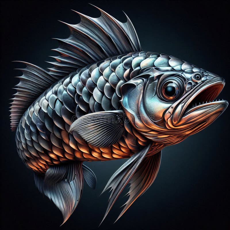 A Metallic Fish with Sharp Fins and Scales Gleams in the Dark Stock ...